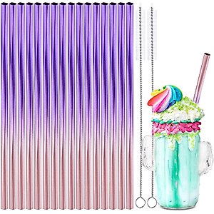 NiHome Pearlescent Reusable Stainless Steel Metal Straws 16-Pack with 2PCS Brushes, 8.5" Length, Square Twisted Design, Dishwasher Safe with 2 Cleaning Brushes Included (Gradient Pink Purple)