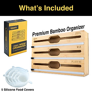 Qasic 3-in-1 Plastic Wrap Dispenser, Organiser with Cutters for Cling Film, Aluminum Foil, and Parchment Wax Paper, Bamboo Holder Storage Box with Laser Engraved Letters - Fits 12" Rolls