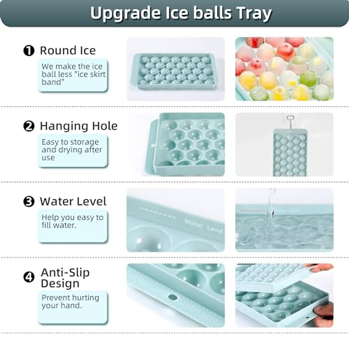 ARTLEO 4 Pack Round Ice Cube Trays for Freezer with Bin, Upgrade Easy Release Small Ice Ball Maker Mold, Freezer Ice Container with Lid, Mini Sphere ice cube Mold trays, Ice Bucket and Tong,Bpa free