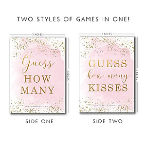 Your Main Event Prints Pink and Gold How Many Kisses Game Sign - Guess How Many - Perfect for Bridal Showers and Weddings - 1 Self-Standing Sign and 50 Guessing Cards