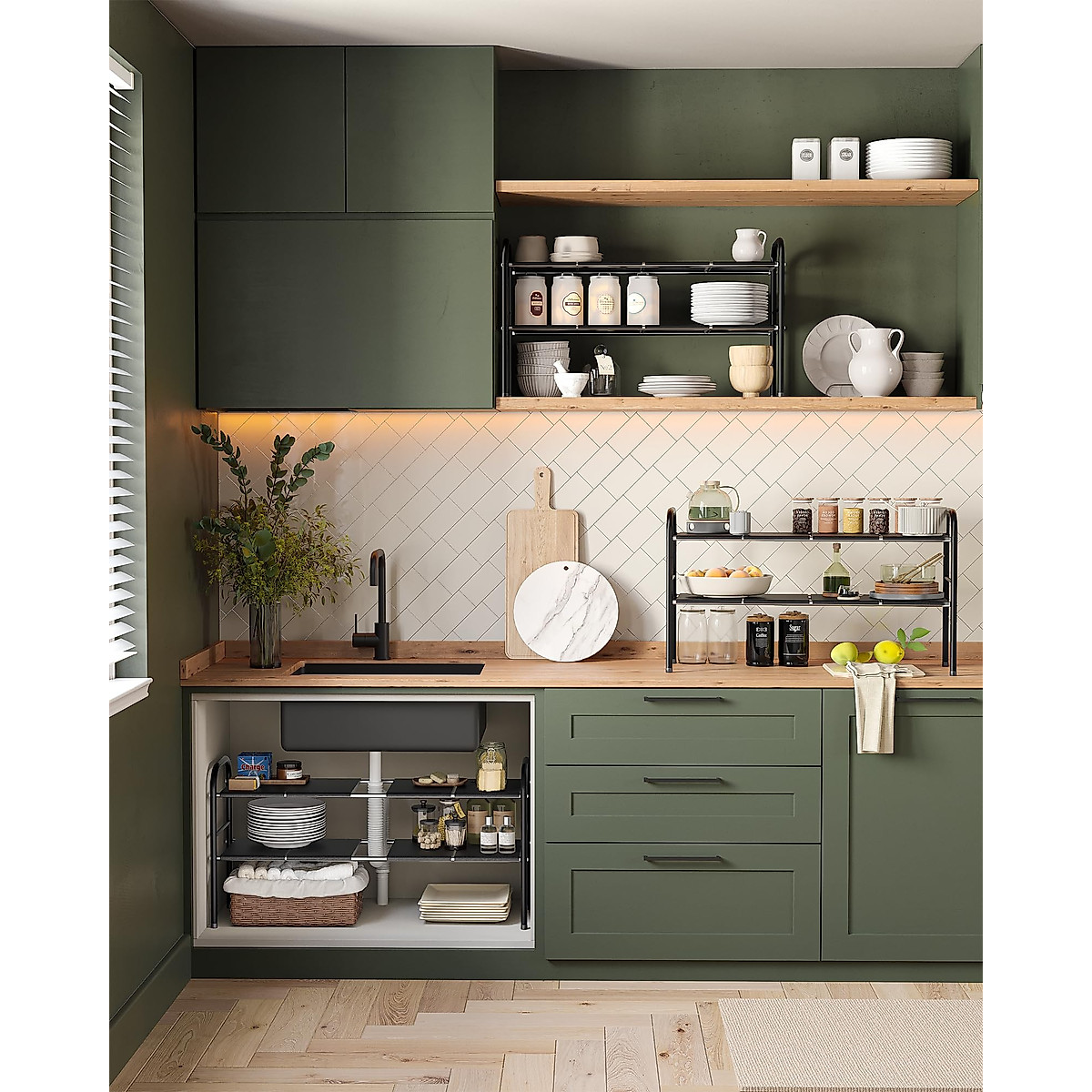 NETEL Under Sink Organizers and Storage, 2 Tier Expandable Under Cabinet Organizer Shelf with 8 Removable Panels,Expandable Shelf for Cupboard,Kitchen,Bathroom,Shoe Storage Rack