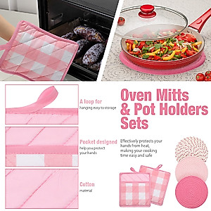 Oven Mitts and Pot Holders 7 Sets, Heat Resistant Kitchen Gloves Pads Potholders for Christmas Women Gifts Cotton Pot Holders Farmhouse Kitchen Accessories Gift for Cooking Baking(Pink White, Cotton)