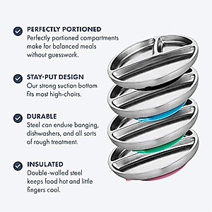 Avanchy Baby Toddler Plates with Suction Divided Stainless Steel for Feeding Babies Kids Toddlers Food, Large,Green