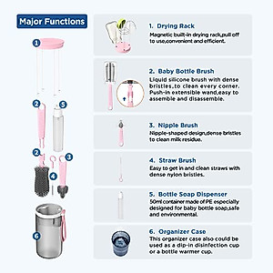 YOTIME Travel Baby Bottle Brush Set with Extendable Silicone Bottle Brush, Nipple Brush, Magnetic Baby Bottle Drying Rack, Straw Cleaner Brush, Baby Bottle Soap Dispenser, Pink