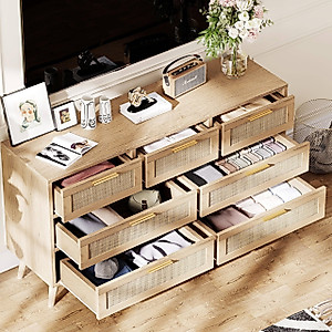 Rovaurx 7 Drawer Double Dresser for Bedroom, Rattan Chest of Dressers, Modern Wooden Dresser Chest with Golden Handles, Beside Table for Closet, Living Room and Entryway, Natural RDG004M