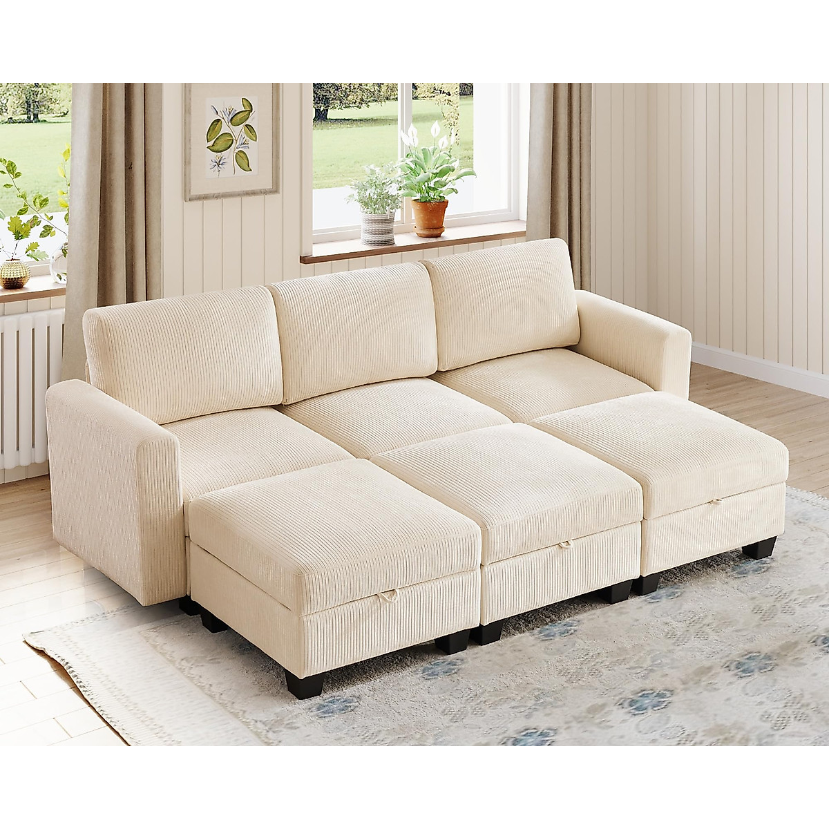 ABCASA Modular Sectional Sofa with Storage Chaises,Modular Sleeper Sofa Couch 6 Seat Sectional Sofa Bed Couch for Living Room,Apartment,Corduroy,Ivory