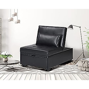Sleeper Chair Bed, Convertible Chair Bed 4 in 1 Multi-Function Folding Ottoman Sofa Bed with Adjustable Backrest, Modern Single Bed Chair for Living Room/Small Space/Apartment, Black Faux Leather