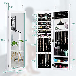 COSTWAY Full Length Mirror Jewelry Cabinet, Wall Door Mounted Jewelry Organizer w/Makeup Mirror, Ring Slots & Necklace Hooks, Large Storage Jewelry Armoire for Bedroom, Dressing Room (White)