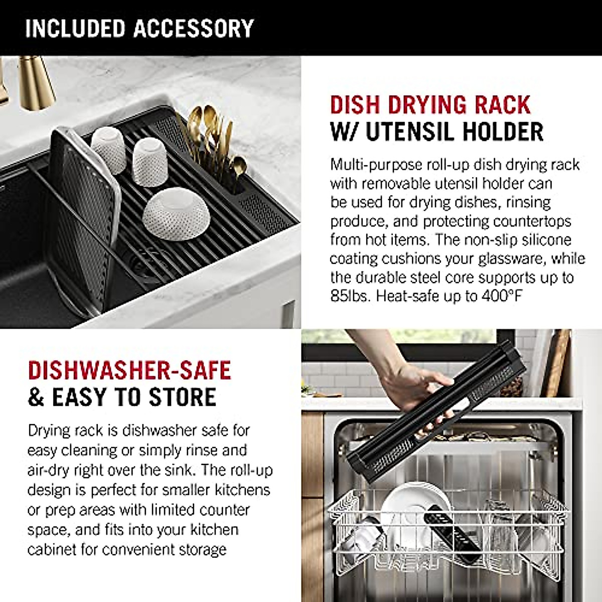 DELTA FAUCET Everest 33-inch Granite Composite Workstation Kitchen Sink Undermount Single Bowl with WorkFlow Ledge and Accessories in Metallic Black, 75B933-33S-BL