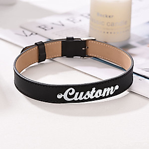 FOCALOOK Customized Thick Choker DIY Platinum Plated Initials Personalized 19MM Wide Chunky Black Leather Collar with Custom Names Women Costume Jewelry 15-17 Inch Adjustable