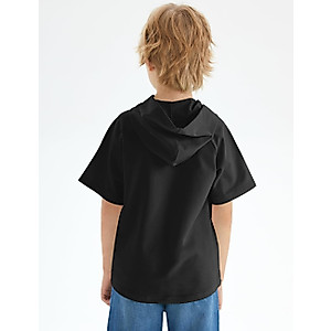 Spring&Gege Boys Light Weight Short Sleeve Hoodie Casual Solid Pullover Hooded T-shirt with Pocket, Black, 9-10 Years