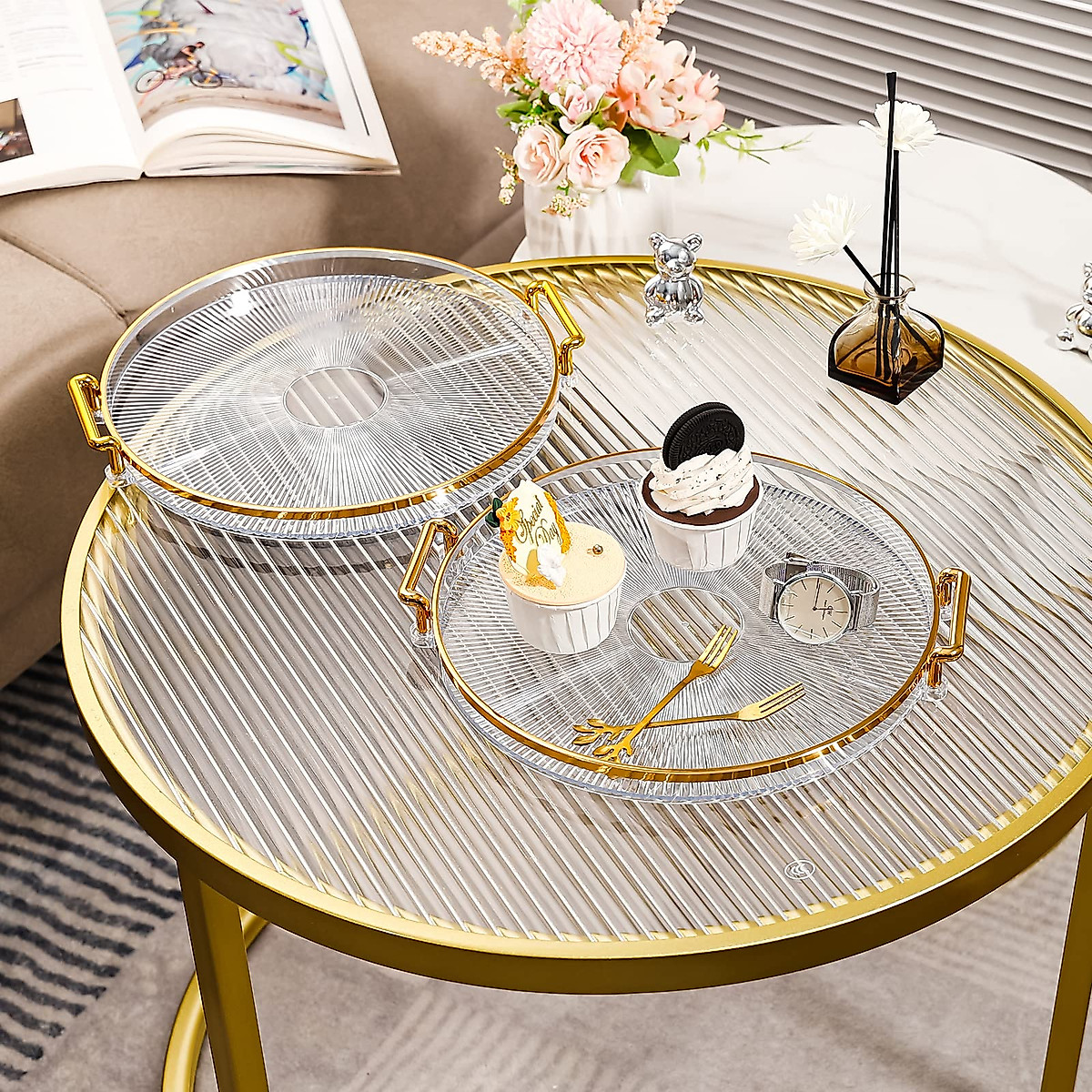 IWANGDS Round Serving Tray with Golden Handles and Golden Rim Border, Decorative Plastic Serving Tray for Living Room, Bathroom, Kitchen | Tray Decor for Party, Coffee Table, Display 10.63" (Amber)