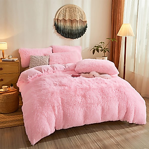 Pink Fluffy Comforter Cover, Ultra Soft Faux Fur Duvet Cover Bedding Sets 3 Pieces with Pillow Cases, Fluffy Bed Set Zipper Closure (Pink, Queen)