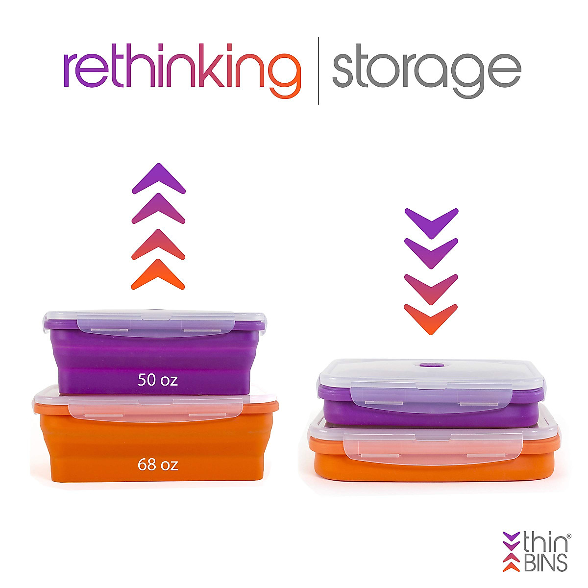 Kitchen + Home Thin Bins Collapsible Containers – Set of 2 Extra Large Rectangle Silicone Food Storage Containers – BPA Free, Microwave, Dishwasher and Freezer Safe