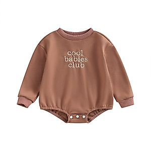 Amiblvowa Gender Neutral Baby Sweatshirt Romper Long Sleeve Crewneck Bubble Bodysuit Sweater Jumper Newborn Girl Boy Clothes (Coffee Cool Babies Club, 12-18 Months)