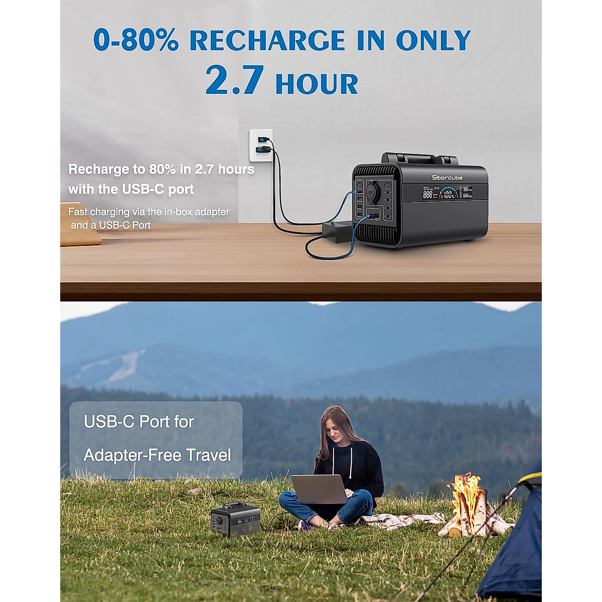 Portable Power Station 600W, STORCUBE Solar Generator 577Wh with 3 AC Outlet, PD 100W Output, Lithium Battery Backup, Solar Powered Generators for Camping Outdoor Home Emergency (1000W Surge)