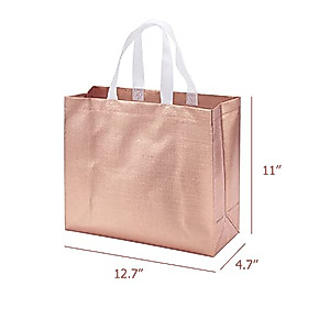 12.7" X 11" X 4.7" Non-woven Reusable Shiny Pink Gold Gift Bags With Glossy Finish Birthday Bag Favor Bags Goodie bags for Wedding Party - 12 Gift Bags Set