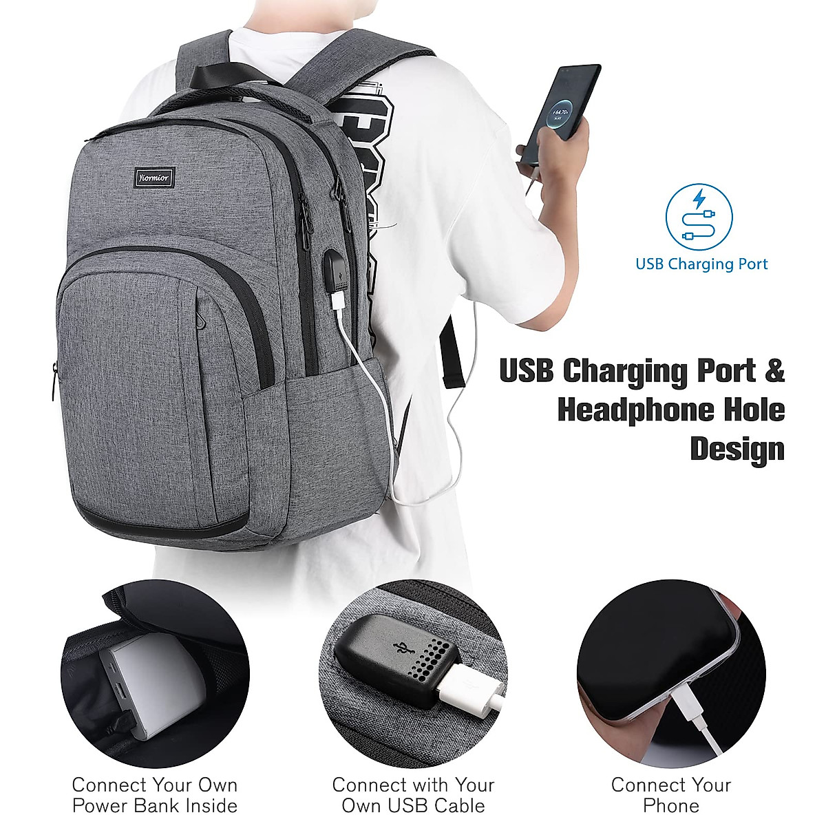 Bookbag School Backpack, Travel Backpack Anti Theft Laptop Backpack with USB Charging Port Water Resistant College Fits 15.6 Inch Notebook Over 3 Years Old