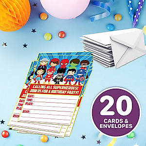20x Super Hero Kids Birthday Invitations and Envelopes – Fill-in Happy Birthday Party Invitations for Kids, 6X4 Inches, Postcard Style