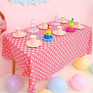 ZJDHPTY 3Pack Plastic Table Cloth Disposable for Rectangle Tables, Pink Polka Dot Table Cloths for Birthday Baby Shower Minnie Mouse Theme Party Decorations Size 54x108 Inch (Pink+White dots)
