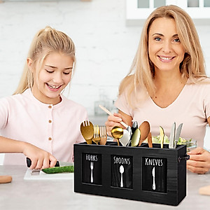 MINCORD Wood Flatware Organizer, Rustic Utensil & Silverware Holder for Forks, Spoons, Knives, Farmhouse Kitchen Cutlery Caddy Bin Countertop - Black