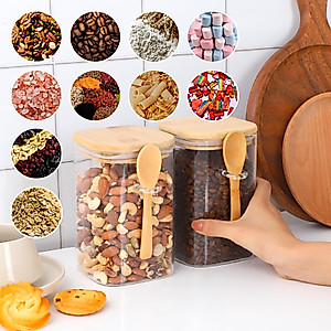 Flour and Sugar Containers - 34 oz Glass Jar with Bamboo Lid and Spoon, Sugar Holder and Canister for Countertop, Glass Containers for Coffee Beans, Tea, Flour, Nuts, Candy and Cookie (Set of 2)