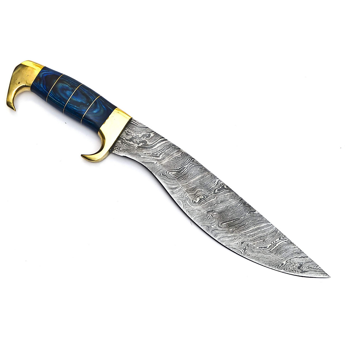 Skokie Knives Custom Hand Made Damascus Steel Hunting Knife Handle Blue Pakka Wood Brass Spacer