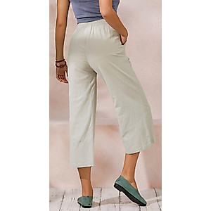 ECUPPER Womens Casual Loose Elastic Waist Cotton Trouser Cropped Wide Leg Pants Natural 18