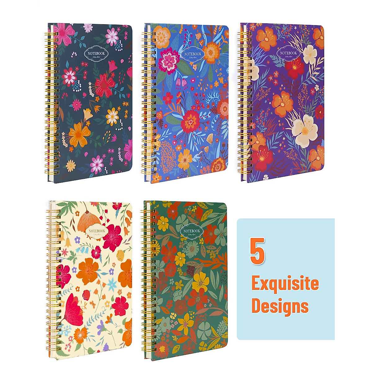 Spiral Notebooks 5 Subject 5-Pack College Ruled Hardcover with Removable Dividers 160 Pages/80 Sheets Each, A5(8.5 "x 5.7") Cute Blooming Floral, for Students Office Business Diary Book