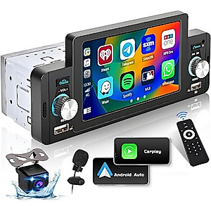 5'' Single Din Apple Carplay Car Stereo with Android Auto, Hikity HD Touch Screen Car Radio Bluetooth 5.1, Mirror Link, FM, Siri, SWC, Dual USB Input, Car Audio with Mic, Remote Control, Backup Cam