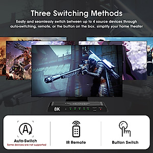 ROOFULL 4 Ports 8K HDMI 2.1 Switch 4 in 1 Out 8K@60Hz 4K@120Hz HDMI Switcher Selector with Remote Support 48Gbps HDR 10+ Dolby Vision/Atmos HDCP 2.3 CEC for PS5 4 Pro Xbox Apple TV Game PC Roku