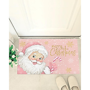Christmas Pink Santa Claus Floor Door Mats Shag Carpet,Xmas Gold Foil Snowflake Non Slip Super Soft Bath Rugs,Winter Snow Shaggy Fuzzy Area Rug for Kitchen/Bathroom/Bedroom/Living Room Decor 16x24in