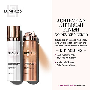 LUMINESS Silk Airbrush Spray Foundation & Primer Kit - Full Coverage Foundation, Anti-Aging Formula Hydrates & Moisturizes with Hyaluronic Acid, Aloe Vera & Hydrolyzed Silk (Shade - Medium)