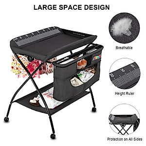 JOYMOR 2-in-1 Folding Baby Changing Table, Moblie Diaper Table for Infant, Portable Diaper Changing Station with Wheels, Large Storage Basket ＆ Shelf Portable Nursery Organizer