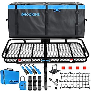 Mockins 60"x24"x6" Folding Trailer Hitch Cargo Carrier w/ 25 CuFt. Soft Vinyl Waterproof Cargo Bag | 500 Lbs. Capacity Car Carrier Cargo Rack & Car Bag Set | Waterproof Truck Bed Storage Accessories