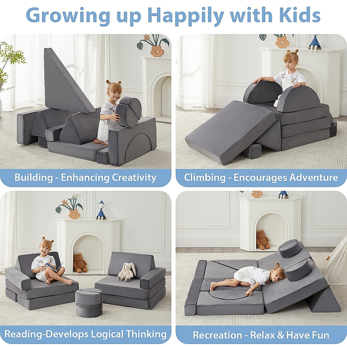 KIDZSOF 16Pcs Kids Couch, Modular Kids Play Couch for Toddlers, 1000+DIY Convertible Kid Sofa for Playroom Bedroom Building Fort, Versatile Foam Kid Play Couch for Child Boys & Girls Baby, Grey