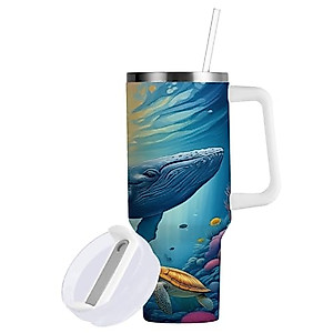RPLIFE Underwater Scene Blue 40oz Tumbler with Handle, Stainless Steel Cups with Lid, Travel Coffee Tumbler