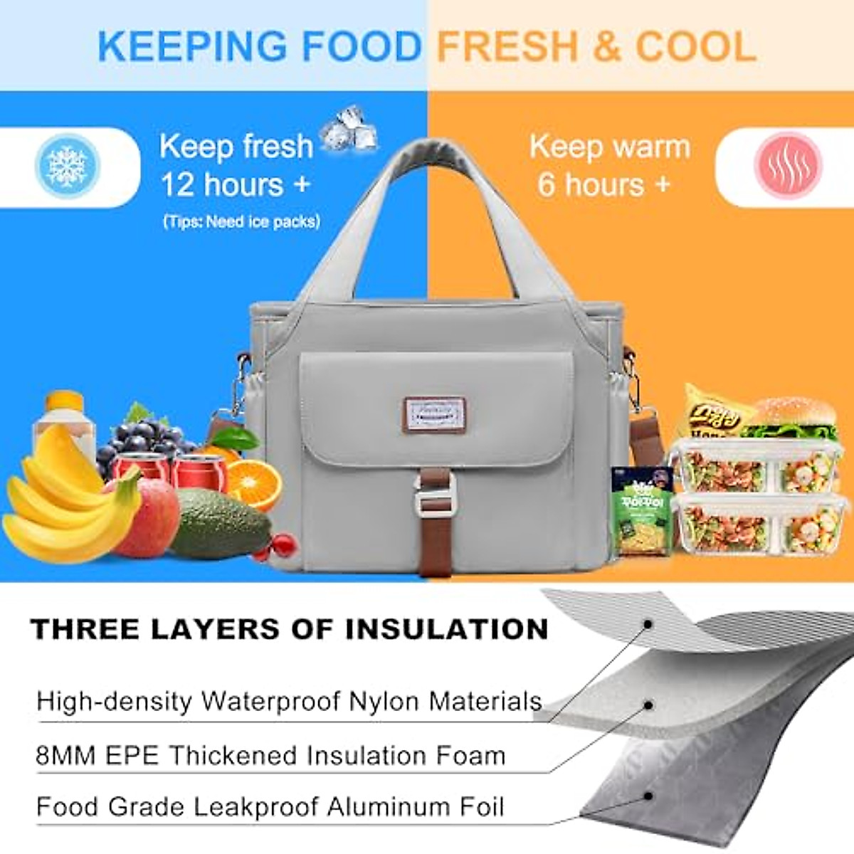 MAPLELILY Lunch Bag for Men Women, Insulated Lunch Tote Bag for Work, Lunch Box Women, Large Leak Proof Lunch Cooler, With Shoulder Strap Adult Lunch Bag, For Picnic Beach Hiking, Grey