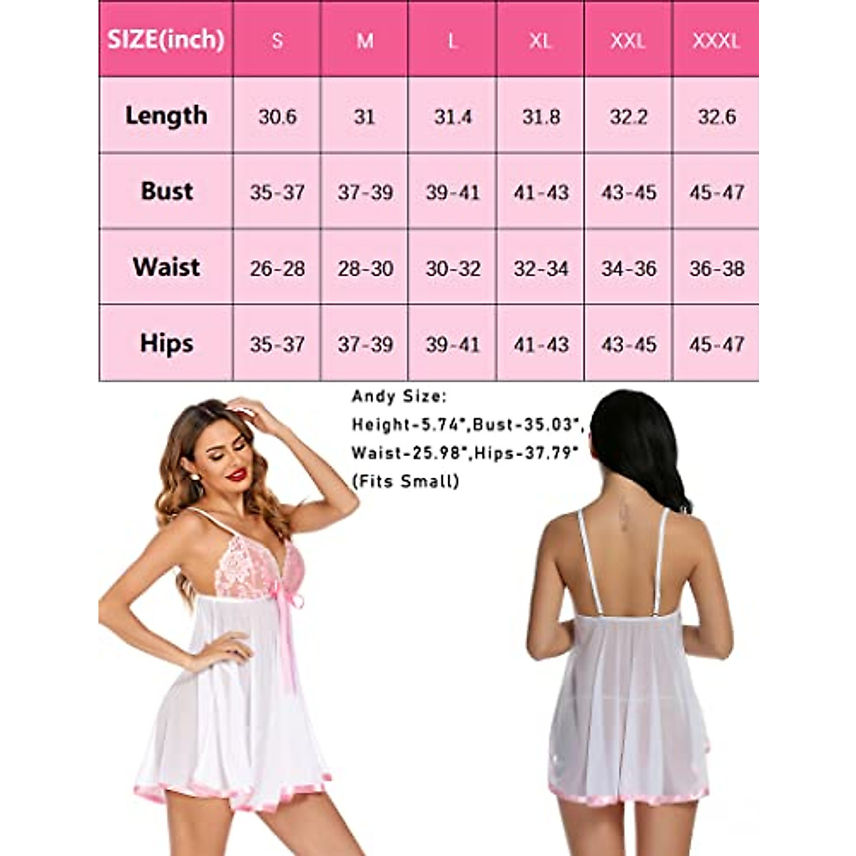 Avidlove Women Lingerie Lace Babydoll V Neck Sleepwear Strap Chemise Strap Chemise Babydoll Lingerie Set White M