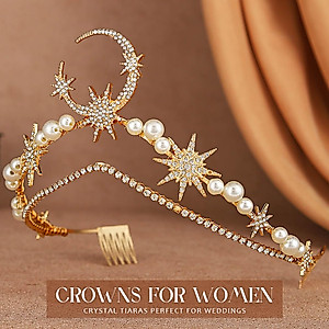 Catery Star Moon Crown Headband Gold Halo Crown Goddess Tiara Headpiece Pearl Boho Wedding Headpiece Bridal Hair Accessories for Women and Girls