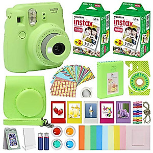 Fuji Film Instax Mini 9 Instant Camera Lime Green with Carrying Case + Fuji Instax Film Value Pack (40 Sheets) Accessories Bundle, Color Filters, Photo Album, Assorted Frames, Selfie Lens + More