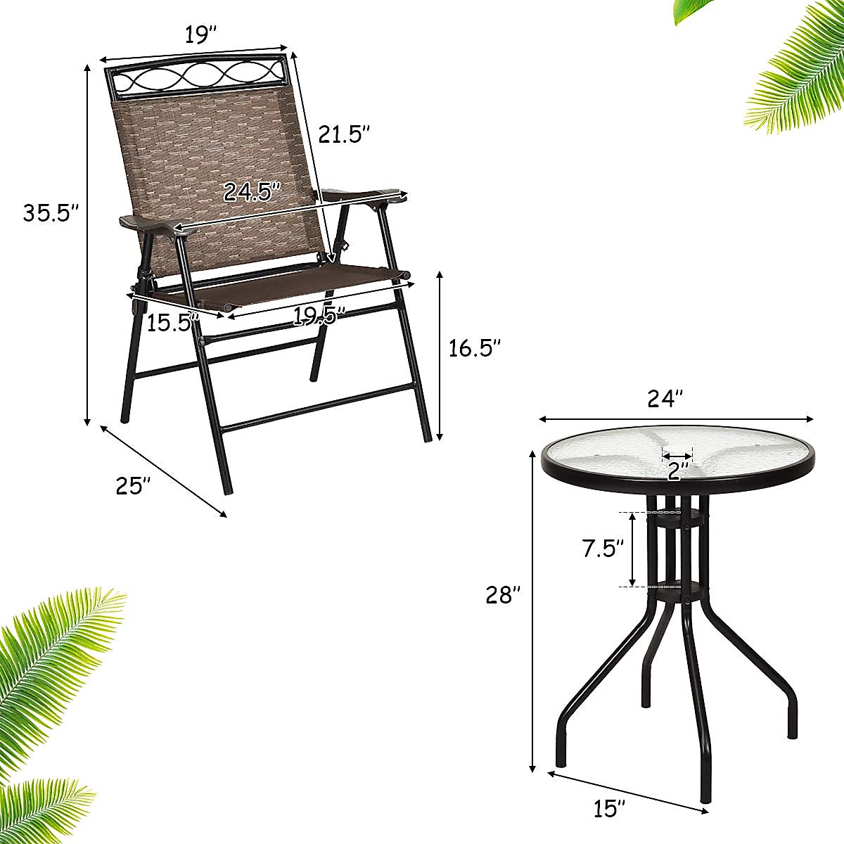 HAPPYGRILL 3 Pieces Patio Dining Set with Round Glass Table, Folding Chairs, Outdoor Chairs Table Set with Umbrella Hole for Garden Poolside Backyard