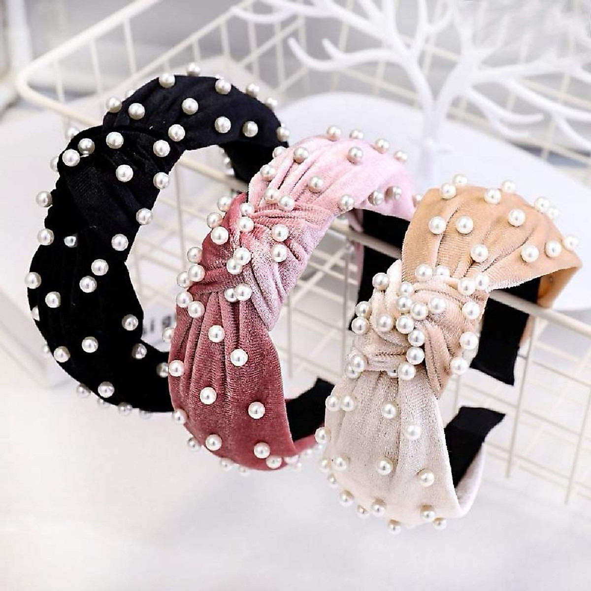 Yeaplike 3 Pack Velvet Wide Headbands Knot Turban Headband Vintage Hairband with Faux Pearl Elastic Hair Hoops Fashion Hair Accessories for Women and Girls