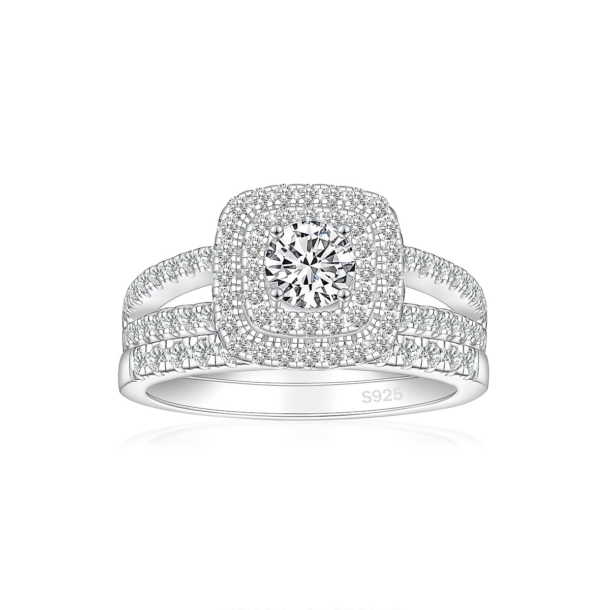 JALOKIVI 0.5CT 925 Sterling Silver Bridal Rings Sets for Women Cushion Cut Halo Cubic Zirconia Engagement Ring Wedding Band Size 8