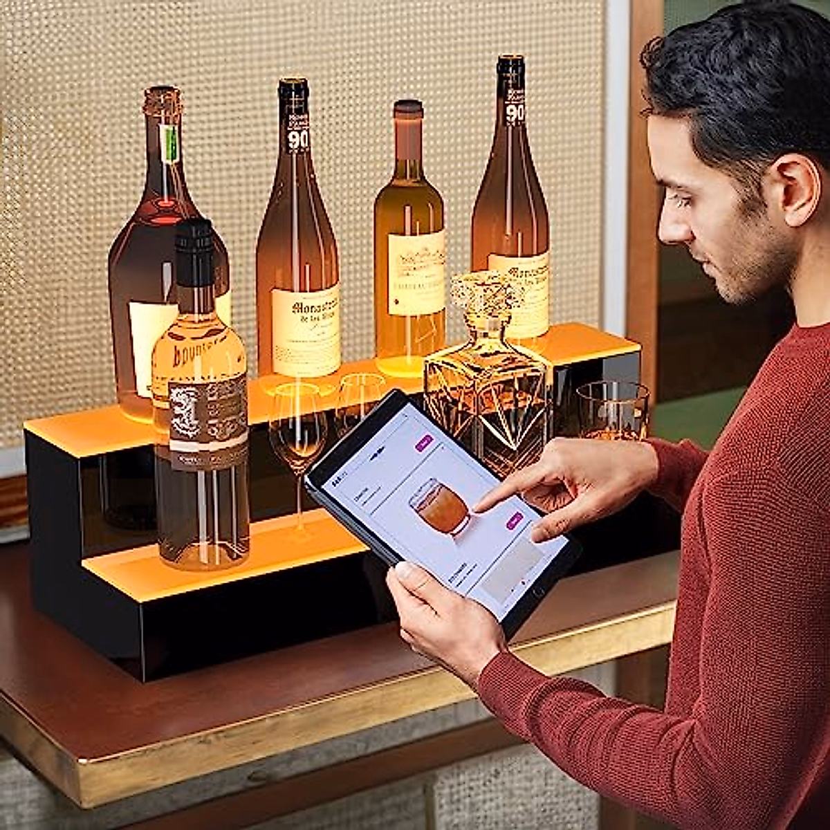 YITAHOME LED Lighted Liquor Bottle Display Shelf, 2-Step 24-inch Bar Liquor Alcohol Shelf for Home Counter Party, Acrylic Mounted Whiskey Rack Stand with Remote & App Control