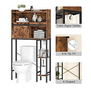 HOOBRO Over The Toilet Storage Cabinet, Bathroom Organizer Stand with Toilet Paper Holder, Space-Saving Toilet Storage Rack, Sliding Barn Door, Rustic Brown and Black BF82TS01