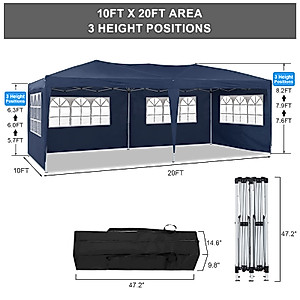 TUKAILAI 10' x 20' Pop Up Gazebo Marquee, Anti-UV Party Wedding Tent Event Shelters with 6 Removable Sidewalls & Carry Bag, Heavy Duty Instant Canopy for Outdoor Camping Garden Patio (Blue)