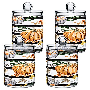 Kigai Pumpkin Stripe Qtip Holder Set of 4 - 14OZ Clear Plastic Apothecary Jars with Lids Bathroom Container Organizer Dispenser for Cotton Ball, Cotton Swab, Candy, Floss, Spices