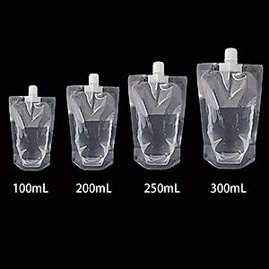 100Pcs Drink Pouches, Drinks Flasks Liquor Pouch Sealing Storage Packaging Bag, Disposable Milk Stand Up with Nozzle, Transparent Drinks Pouch 100 ml/200 ml/250 ml/300 ml