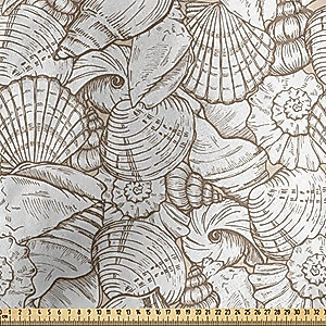Lunarable Seashells Fabric by The Yard, Vintage Style Illustration Pile of Aquatic Ocean Wildlife Theme, Decorative Satin Fabric for Home Textiles and Crafts, 1 Yard, White Beige